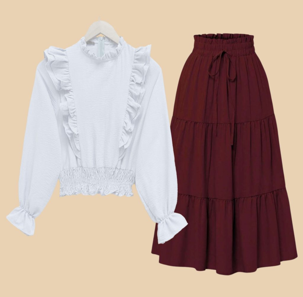 Classic Chic High-Waist Skirts” mehroon color and Top white – KSG.world