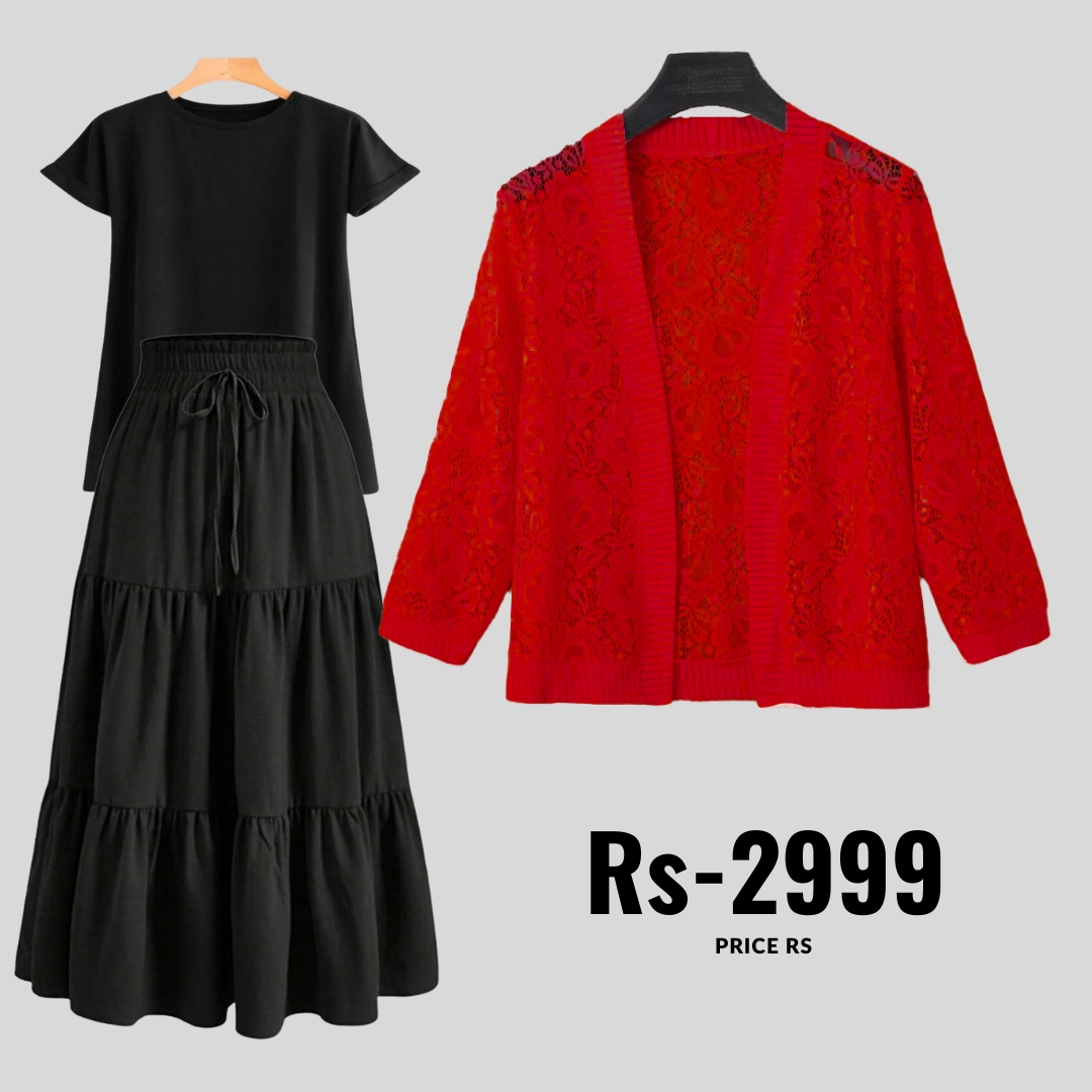 combo deal black skirt +black shirt +net coat red – KSG.world